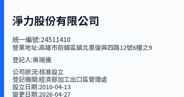 淨力股份有限公司的照片-統編 24511410(高雄市) 公司登記資料與營業項目詳細圖表