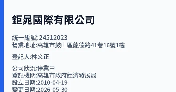 鉅晁國際有限公司的照片-統編 24512023(高雄市) 公司登記資料與營業項目詳細圖表