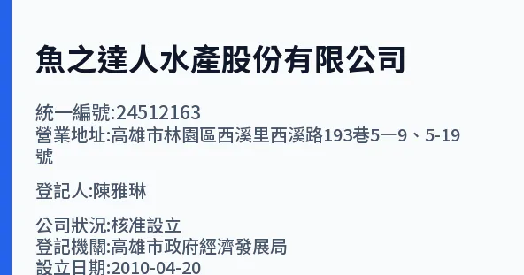 魚之達人水產股份有限公司的照片-統編 24512163(高雄市) 公司登記資料與營業項目詳細圖表