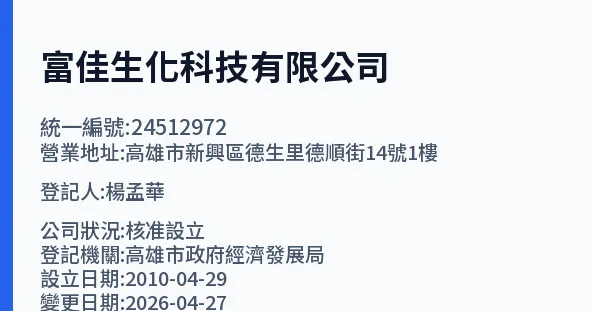 富佳生化科技有限公司的照片-統編 24512972(高雄市) 公司登記資料與營業項目詳細圖表