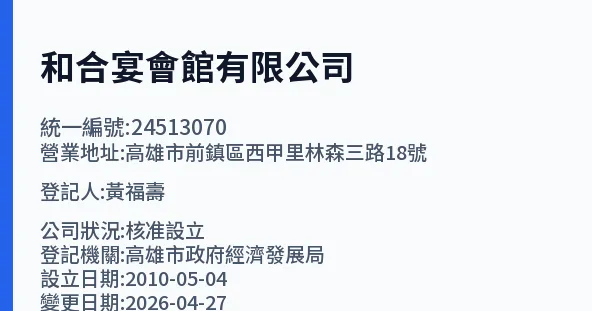 和合宴會館有限公司的照片-統編 24513070(高雄市) 公司登記資料與營業項目詳細圖表