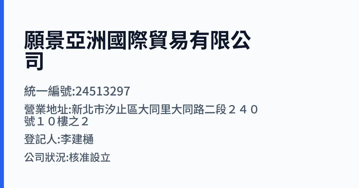願景亞洲國際貿易有限公司 - 統編 24513297(新北市) 公司登記資料與營業項目詳細圖表