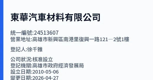 東華汽車材料有限公司的照片-統編 24513607(高雄市) 公司登記資料與營業項目詳細圖表