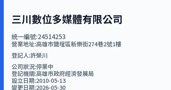 三川數位多媒體有限公司的照片-統編 24514253(高雄市) 公司登記資料與營業項目詳細圖表
