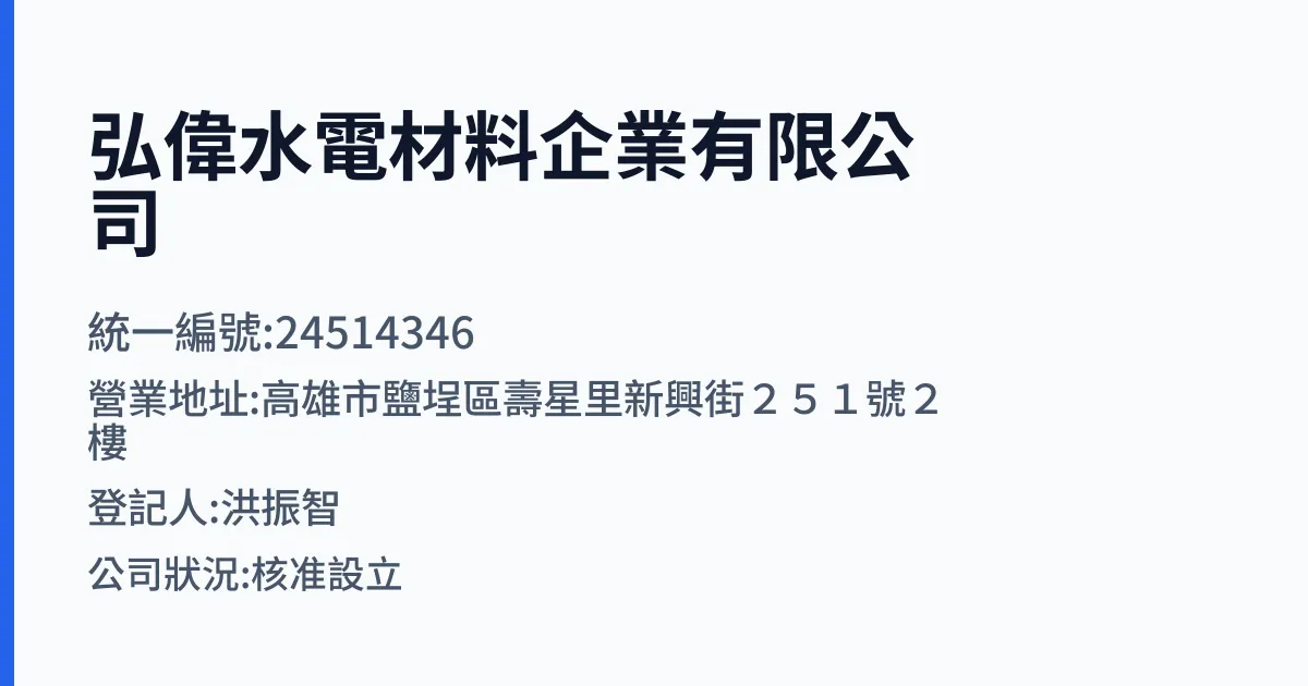 弘偉水電材料企業有限公司 - 統編 24514346(高雄市) 公司登記資料與營業項目詳細圖表