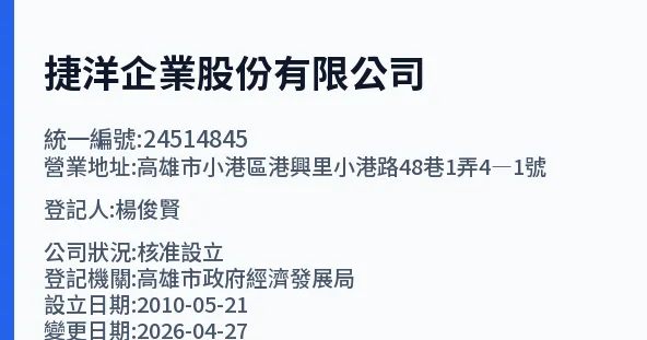 捷洋企業股份有限公司的照片-統編 24514845(高雄市) 公司登記資料與營業項目詳細圖表
