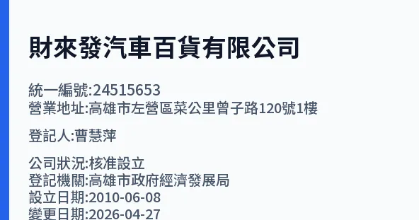 財來發汽車百貨有限公司的照片-統編 24515653(高雄市) 公司登記資料與營業項目詳細圖表