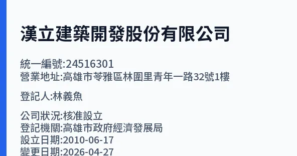 漢立建築開發股份有限公司的照片-統編 24516301(高雄市) 公司登記資料與營業項目詳細圖表