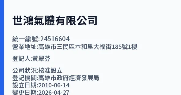 世鴻氣體有限公司的照片-統編 24516604(高雄市) 公司登記資料與營業項目詳細圖表