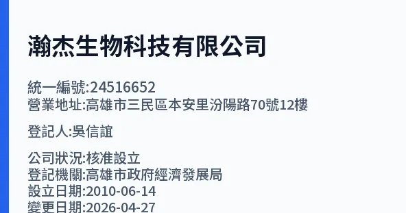 瀚杰生物科技有限公司的照片-統編 24516652(高雄市) 公司登記資料與營業項目詳細圖表