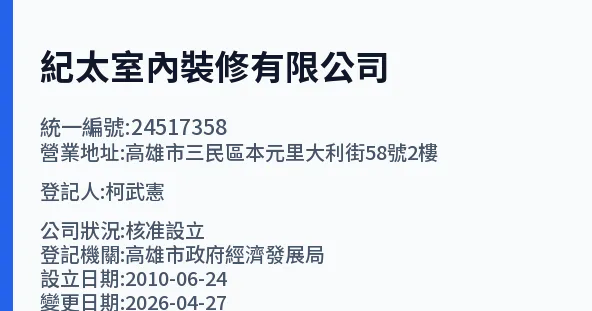 紀太室內裝修有限公司的照片-統編 24517358(高雄市) 公司登記資料與營業項目詳細圖表