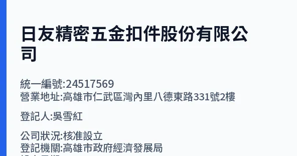 日友精密五金扣件股份有限公司的照片-統編 24517569(高雄市) 公司登記資料與營業項目詳細圖表