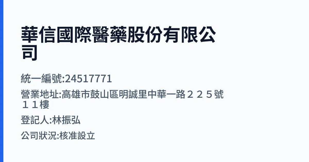 華信國際醫藥股份有限公司 - 統編 24517771(高雄市) 公司登記資料與營業項目詳細圖表