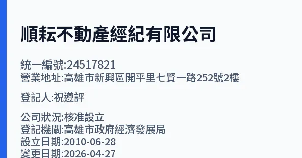 順耘不動產經紀有限公司的照片-統編 24517821(高雄市) 公司登記資料與營業項目詳細圖表