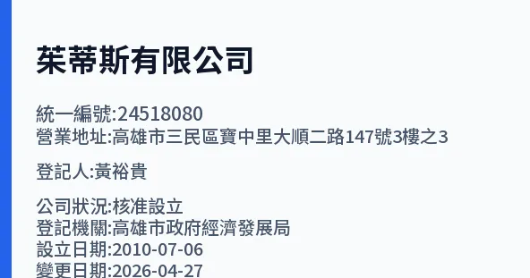 茱蒂斯有限公司的照片-統編 24518080(高雄市) 公司登記資料與營業項目詳細圖表