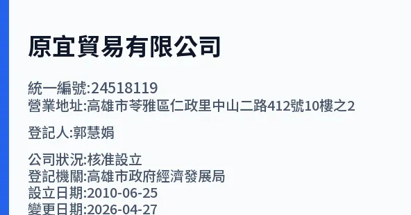 原宜貿易有限公司的照片-統編 24518119(高雄市) 公司登記資料與營業項目詳細圖表