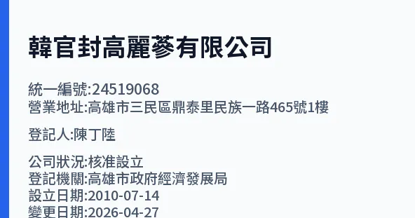 韓官封高麗蔘有限公司的照片-統編 24519068(高雄市) 公司登記資料與營業項目詳細圖表