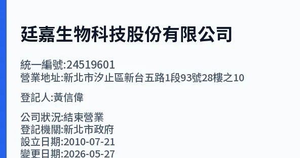 廷嘉生物科技股份有限公司的照片-統編 24519601(新北市) 公司登記資料與營業項目詳細圖表