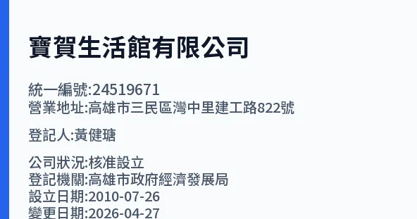 寶賀生活館有限公司的照片-統編 24519671(高雄市) 公司登記資料與營業項目詳細圖表