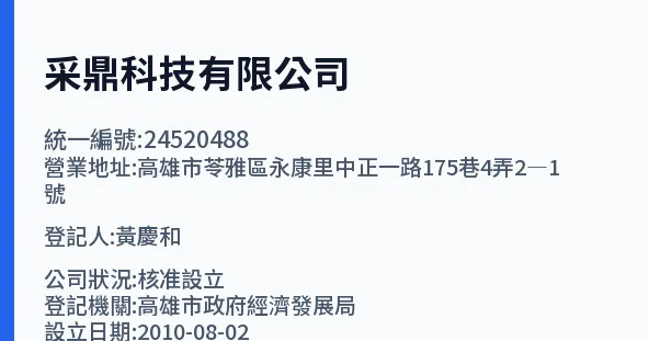 采鼎科技有限公司的照片-統編 24520488(高雄市) 公司登記資料與營業項目詳細圖表