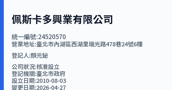 佩斯卡多興業有限公司的照片-統編 24520570(臺北市) 公司登記資料與營業項目詳細圖表