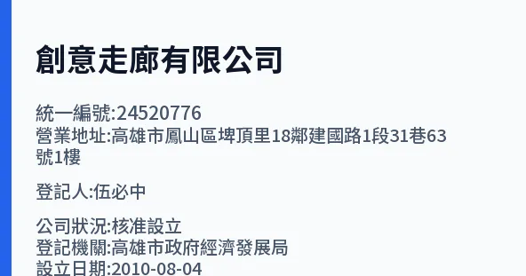 創意走廊有限公司的照片-統編 24520776(高雄市) 公司登記資料與營業項目詳細圖表