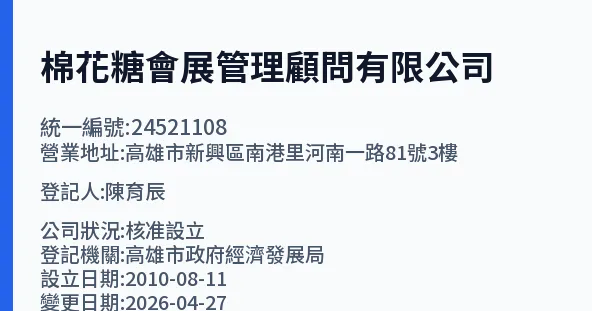 棉花糖會展管理顧問有限公司的照片-統編 24521108(高雄市) 公司登記資料與營業項目詳細圖表