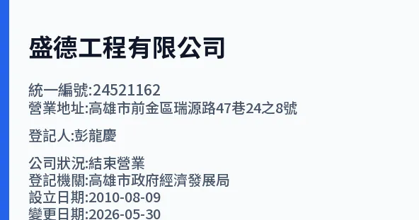 盛德工程有限公司的照片-統編 24521162(高雄市) 公司登記資料與營業項目詳細圖表