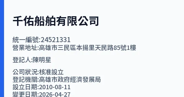 千佑船舶有限公司的照片-統編 24521331(高雄市) 公司登記資料與營業項目詳細圖表