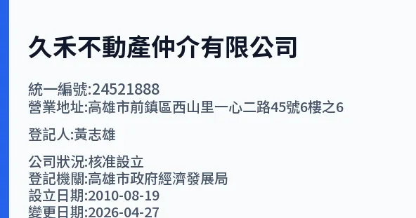 久禾不動產仲介有限公司的照片-統編 24521888(高雄市) 公司登記資料與營業項目詳細圖表