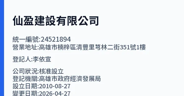 仙盈建設有限公司的照片-統編 24521894(高雄市) 公司登記資料與營業項目詳細圖表