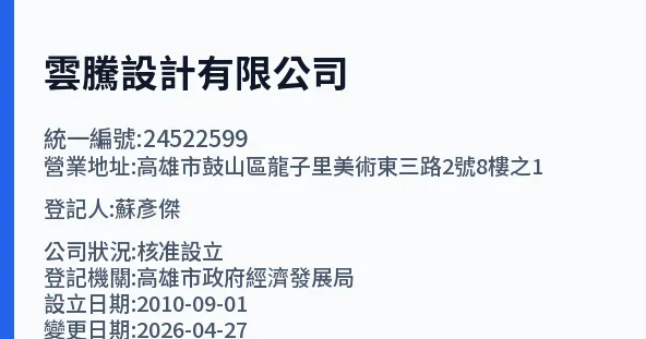 雲騰設計有限公司的照片-統編 24522599(高雄市) 公司登記資料與營業項目詳細圖表