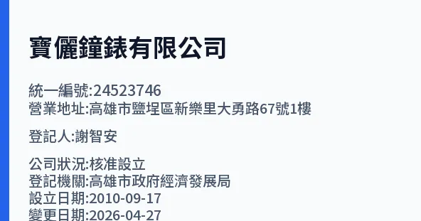 寶儷鐘錶有限公司的照片-統編 24523746(高雄市) 公司登記資料與營業項目詳細圖表