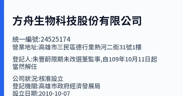 方舟生物科技股份有限公司的照片-統編 24525174(高雄市) 公司登記資料與營業項目詳細圖表