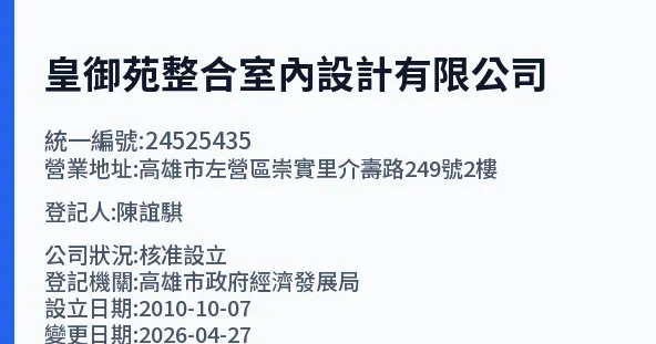 皇御苑整合室內設計有限公司的照片-統編 24525435(高雄市) 公司登記資料與營業項目詳細圖表