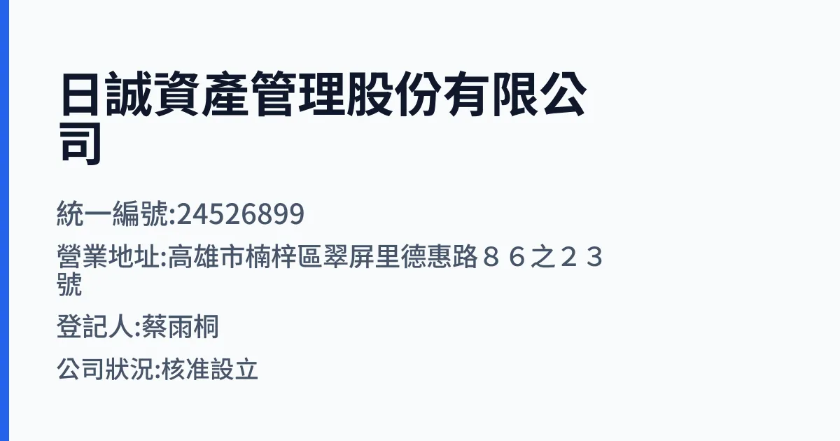 日誠資產管理股份有限公司 - 統編 24526899(高雄市) 公司登記資料與營業項目詳細圖表