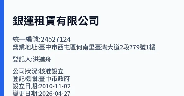 銀運租賃有限公司的照片-統編 24527124(臺中市) 公司登記資料與營業項目詳細圖表
