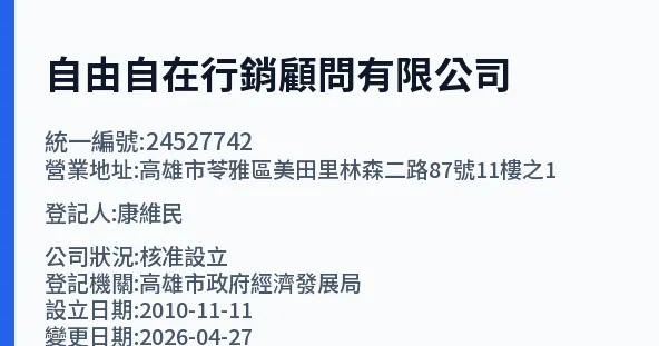 自由自在行銷顧問有限公司的照片-統編 24527742(高雄市) 公司登記資料與營業項目詳細圖表