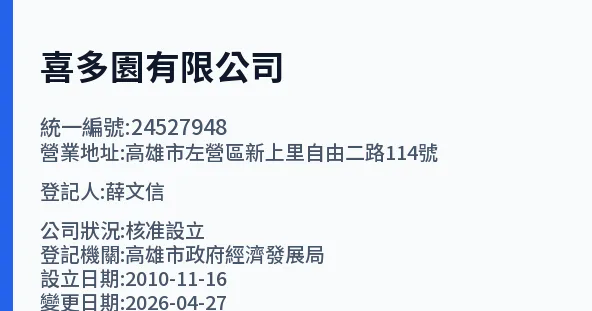 喜多園有限公司的照片-統編 24527948(高雄市) 公司登記資料與營業項目詳細圖表