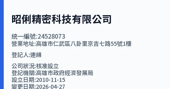 昭俐精密科技有限公司的照片-統編 24528073(高雄市) 公司登記資料與營業項目詳細圖表