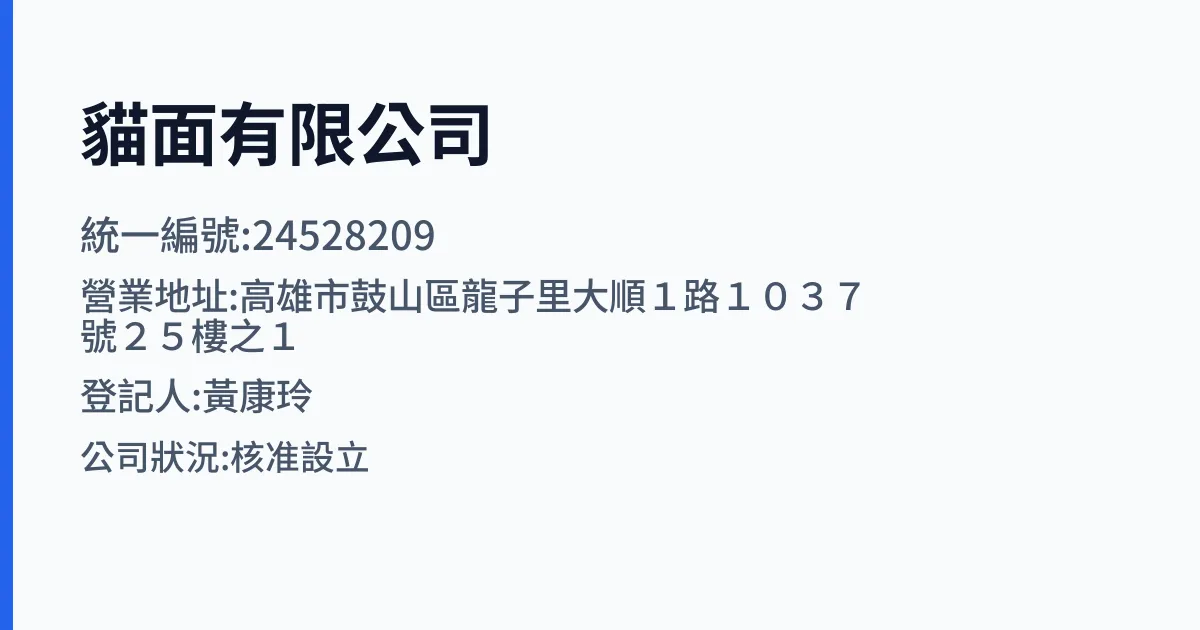貓面有限公司 - 統編 24528209(高雄市) 公司登記資料與營業項目詳細圖表