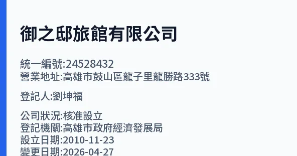 御之邸旅館有限公司的照片-統編 24528432(高雄市) 公司登記資料與營業項目詳細圖表