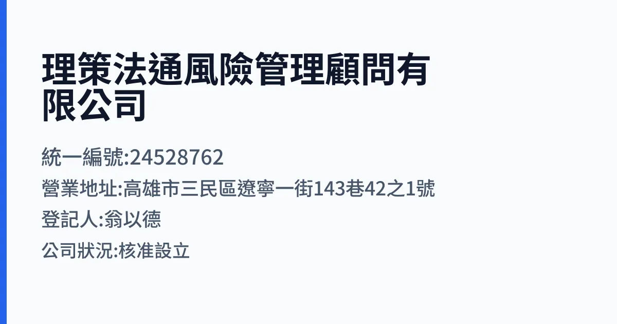 理策法通風險管理顧問有限公司 - 統編 24528762(高雄市) 公司登記資料與營業項目詳細圖表
