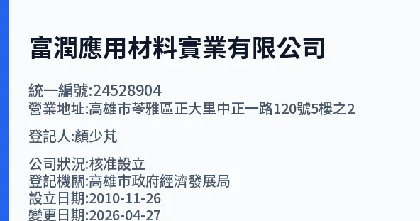 富潤應用材料實業有限公司的照片-統編 24528904(高雄市) 公司登記資料與營業項目詳細圖表