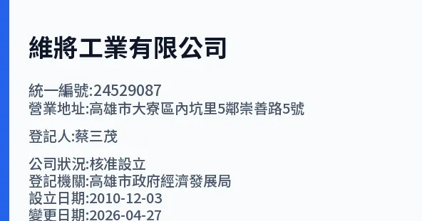 維將工業有限公司的照片-統編 24529087(高雄市) 公司登記資料與營業項目詳細圖表