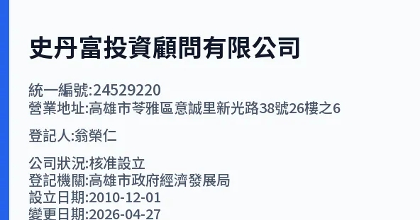 史丹富投資顧問有限公司的照片-統編 24529220(高雄市) 公司登記資料與營業項目詳細圖表