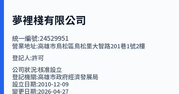 夢裡棧有限公司的照片-統編 24529951(高雄市) 公司登記資料與營業項目詳細圖表