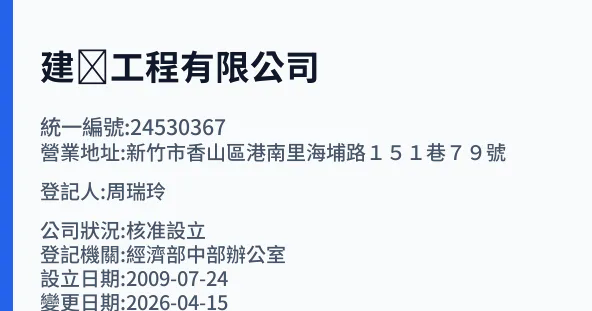 建咊工程有限公司的照片-統編 24530367(新竹市) 公司登記資料與營業項目詳細圖表