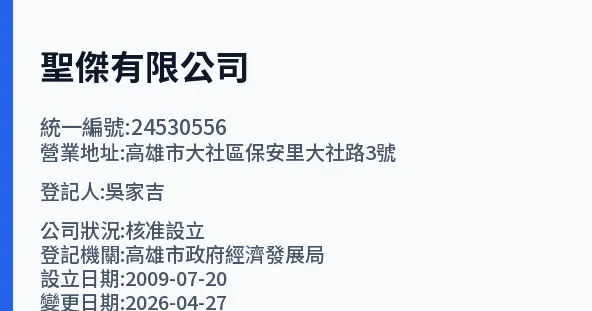 聖傑有限公司的照片-統編 24530556(高雄市) 公司登記資料與營業項目詳細圖表