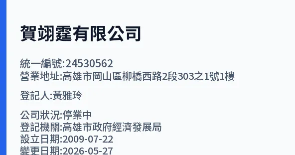 賀翊霆有限公司的照片-統編 24530562(高雄市) 公司登記資料與營業項目詳細圖表